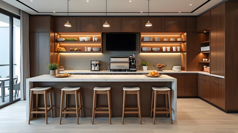 Office Break Area with High Bar Counter, Espresso Machine and Snack ...