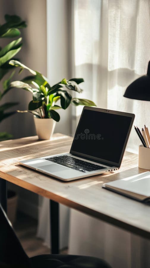 View Office Desk Composition with Laptop Stock Image - Image of plant ...
