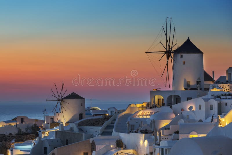View of Oia at sunset stock image. Image of famous, nature - 176074161