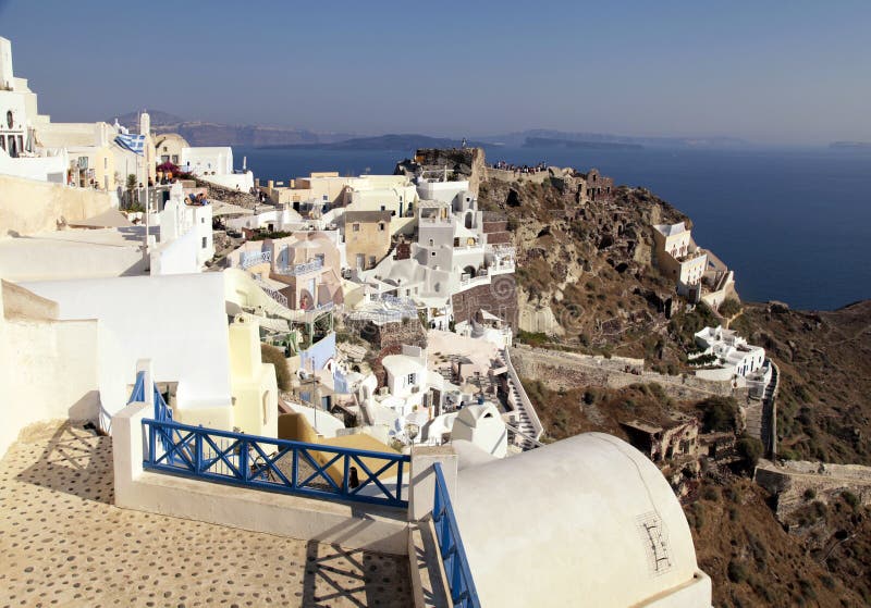 View of Oia Town and Old Castle of Oia, Santorini, Greece. Stock Image ...