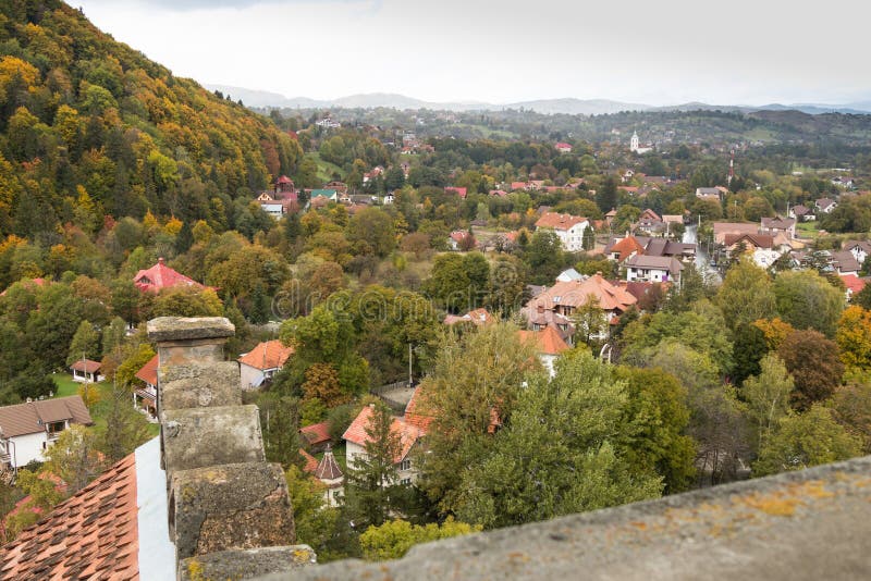 View of the Old Bran City from the Tower of Bran Castle in Romania ...