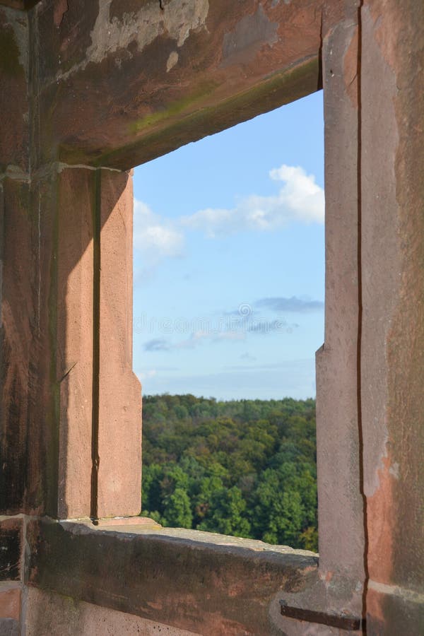 View through an Old Castle Window on a Sky and Green Landscape Stock ...