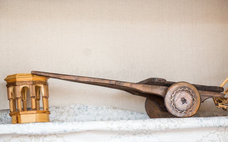 View of Old Handmade Wooden Objects Interestingly Carved on a White ...