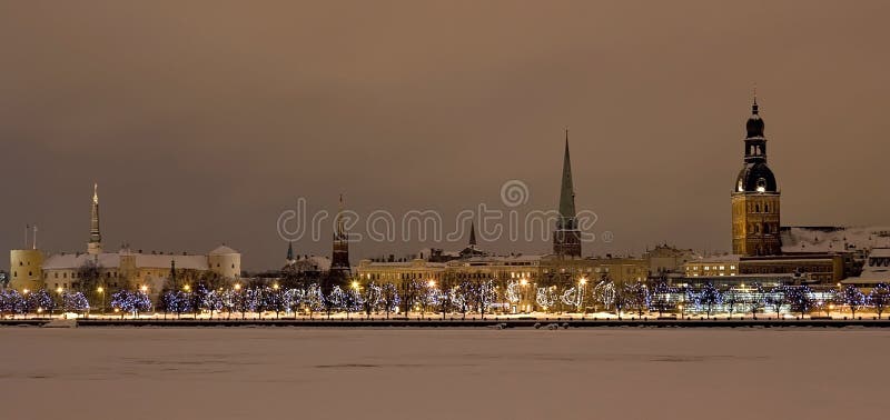 View of the Old Riga at the Night Stock Image - Image of architecture ...