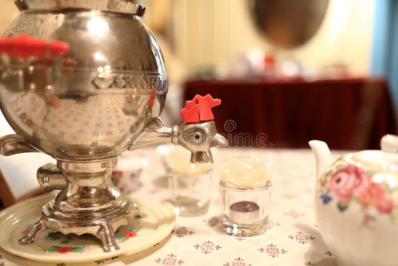Russian samovar on table stock photo. Image of boiled - 207977416