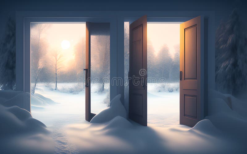 View through the Open Door Onto Winter Landscape and Sunrise ...