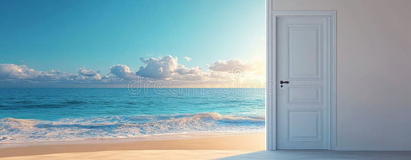 A View through an Open Door To a Sunny Beach with Blue Ocean Waves and ...