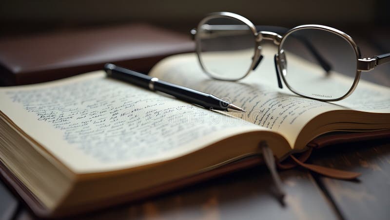 An Open Notebook with Handwritten Notes, a Pen, and a Pair of Glasses ...