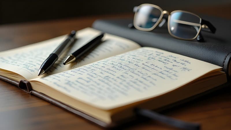 An Open Notebook with Handwritten Notes, a Pen, and a Pair of Glasses ...