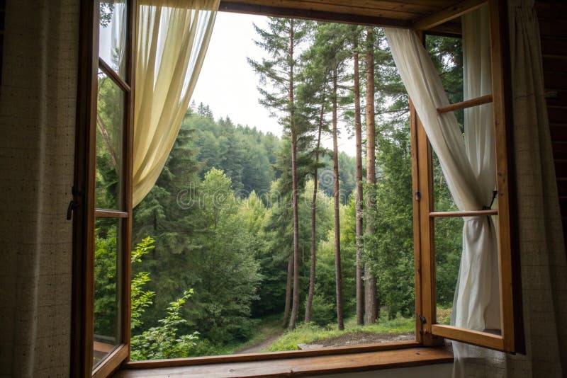 Open Window with a View of the Forest Stock Illustration - Illustration ...
