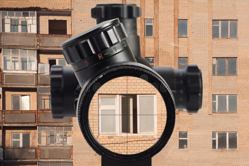 View through an Optical Sight at the Abandoned Building Stock Photo ...