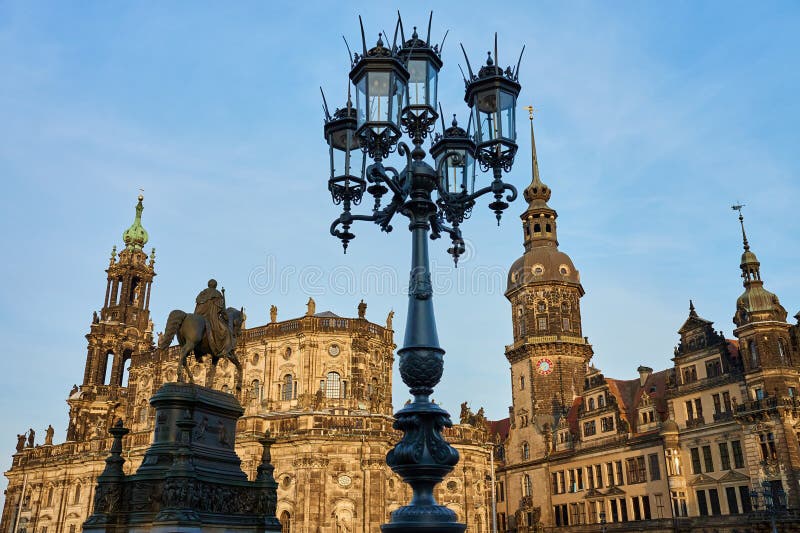 View of Ornate Lamp Post and Equestrian Statue in Front of Dresden ...