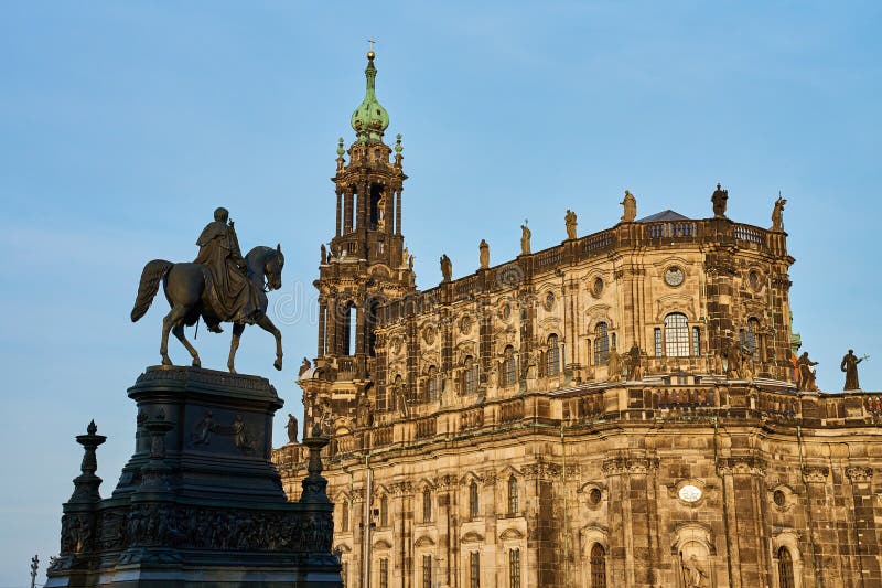 View of Ornate Lamp Post and Equestrian Statue in Front of Dresden ...