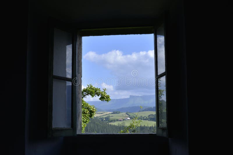 View Out of the Window with Mountains and Trees Stock Photo - Image of ...