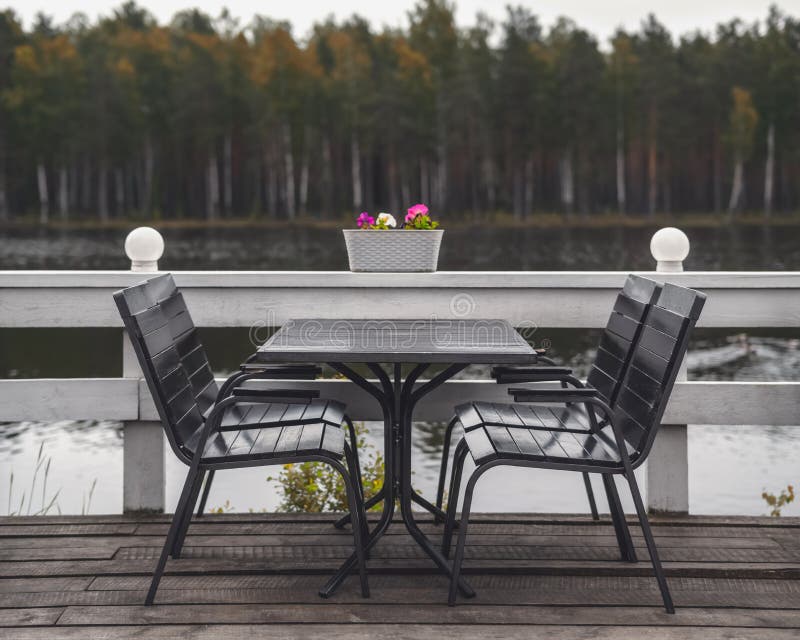 View from an Outdoor Cafe on the Background of a Forest Lake Stock ...