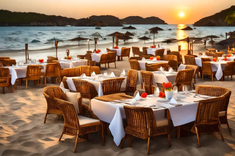 Outdoor Restaurant Tables, Dinner Setting on the Beach at Evening Generated AI Stock ...