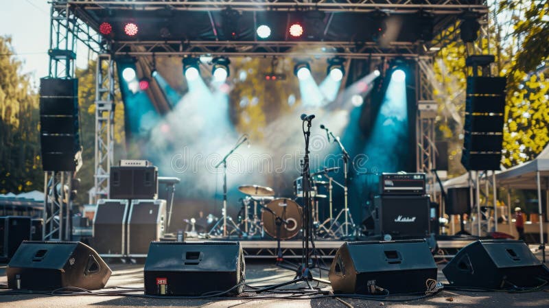 Outdoor Stage Setup with Lights and Speakers Stock Photo - Image of ...