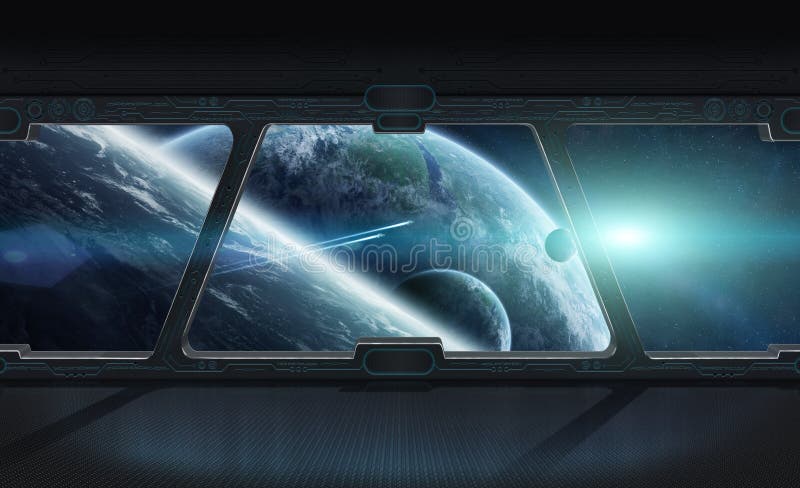 View of Outer Space from the Window of a Space Station 3D Render Stock ...