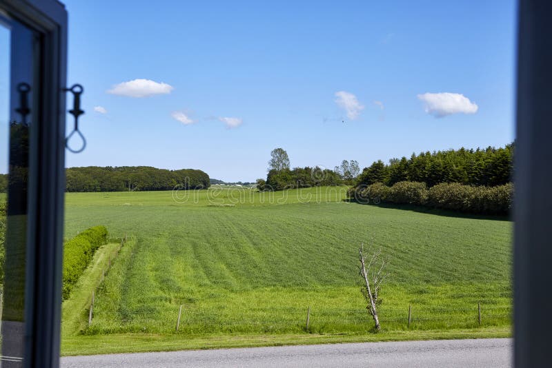 View Outside Window To Large Green Field Stock Photo - Image of gate ...