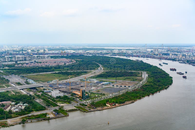 Aerial View Over Saigon River in Development of Ho Chi Minh City or ...