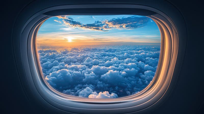 View Over the Clouds from an Airplane Window during Sunset in the ...