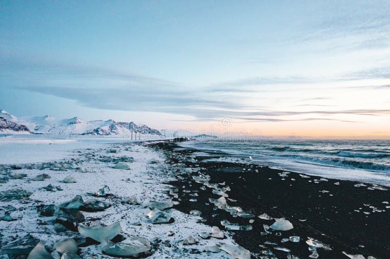 View Over Diamond Beach in Iceland with Ice Cubes on the Ground Stock ...