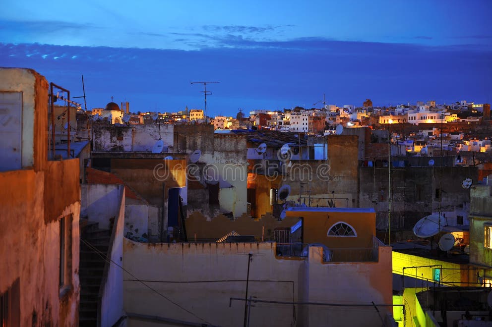 View Over Tangier Skyline at Night, Morocco Stock Photo - Image of ...