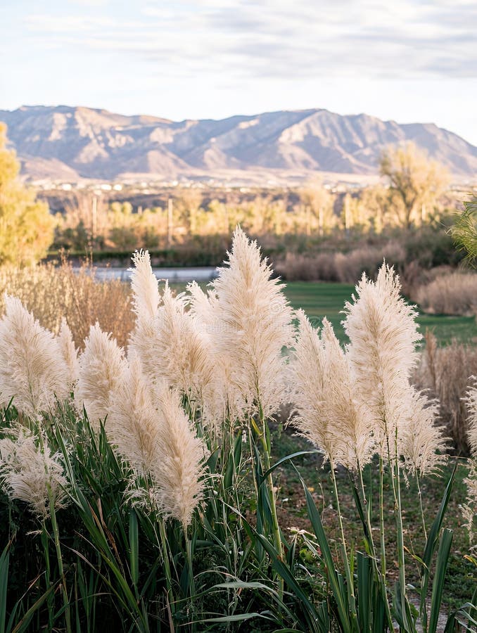 A View of Pampas Grass in a Field with Mountains and a Cloudy Sky in ...