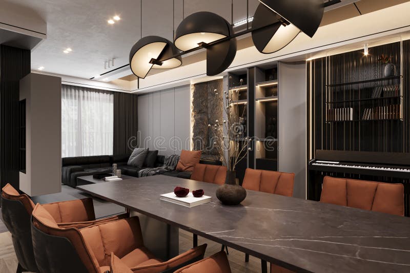 A View of the Panorama of the Modern Dining Room, 3D Rendering Stock ...