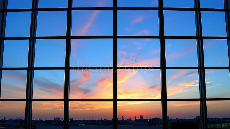 View from the Panoramic Window on the City Sunset Background Stock ...