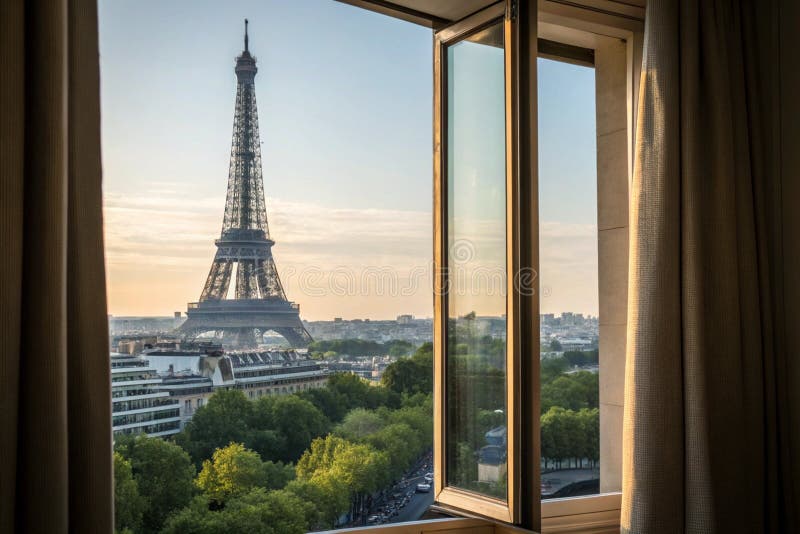 Paris Eiffel Tower View from the Window in the Hotel Room Stock Illustration - Illustration of ...