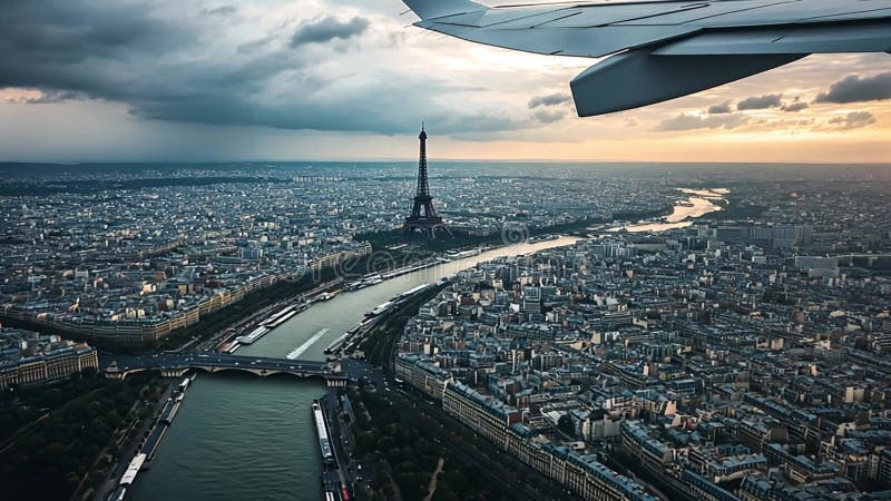 View of Paris Skyline with Eiffel Tower during Sunset from an Airplane ...
