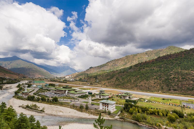 View of Paro Airport Buildings and Runway. Stock Image - Image of ...