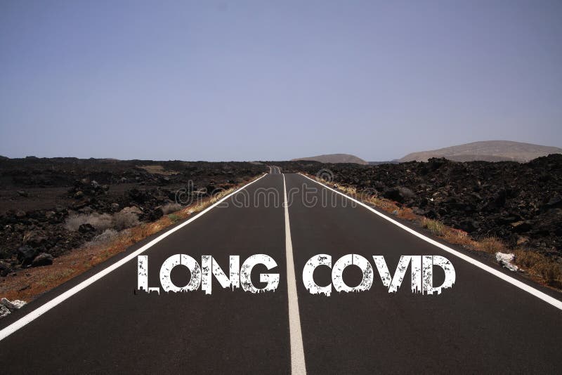 View on Paved Empty Road through Dry Stony Desert with Text: Long Covid ...