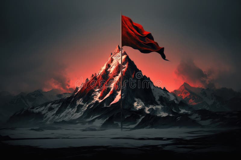 View of Peak with Red Flag, Dramatic Sunrise in the Background Stock ...