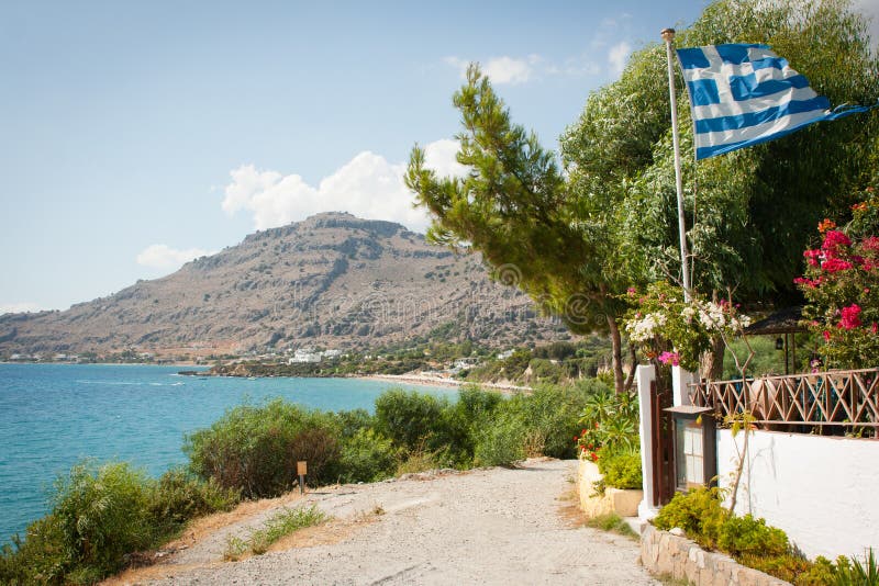 A View of Pefkos, Rhodes, Greece Stock Photo - Image of climate, flag ...