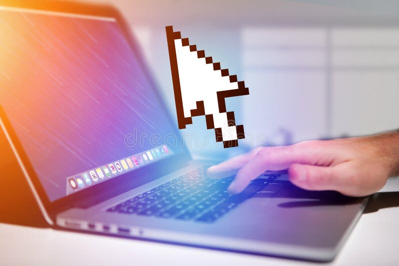 Pixeled Black and White Mouse Pointer Displayed on a Futuristic Stock ...