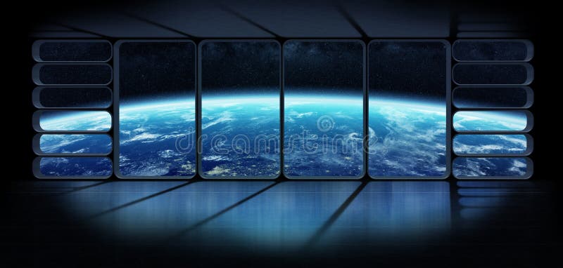 View of the Planet Earth from a Huge Spaceship Window 3D Renderi Stock ...