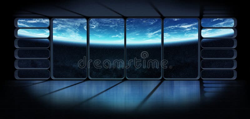 View of the Planet Earth from a Huge Spaceship Window 3D Renderi Stock ...