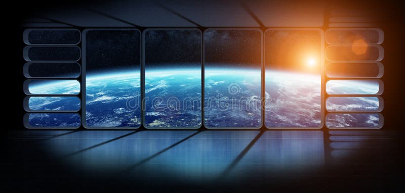 View of the Planet Earth from a Huge Spaceship Window 3D Renderi Stock ...
