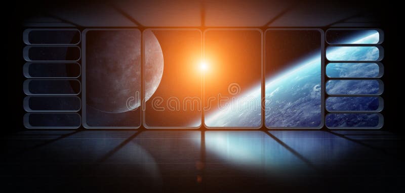 View of the Planet Earth from a Huge Spaceship Window 3D Rendering ...
