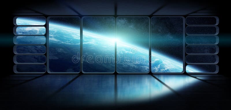 View of the Planet Earth from a Huge Spaceship Window 3D Rendering ...
