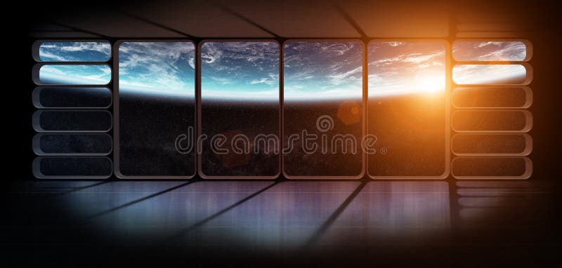 View of the Planet Earth from a Huge Spaceship Window 3D Rendering ...