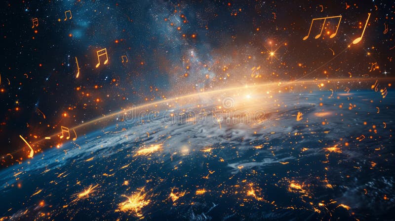 View of Planet Earth in Space, Orbiting Glowing Musical Notes Stock ...