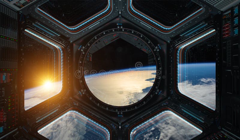 View of the Planet Earth from a Huge Spaceship Window 3D Renderi Stock ...