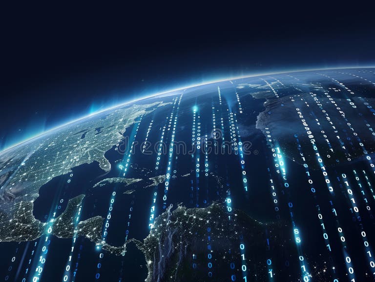 View of Planet Earth Wrapped in Binary Code Digital Information Flows Stock Illustration ...