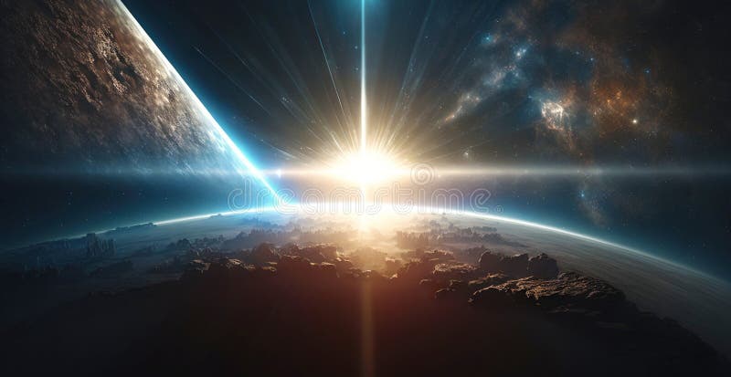 View from Planet Orbit on Rising Sun. Distant Space Worlds Stock ...