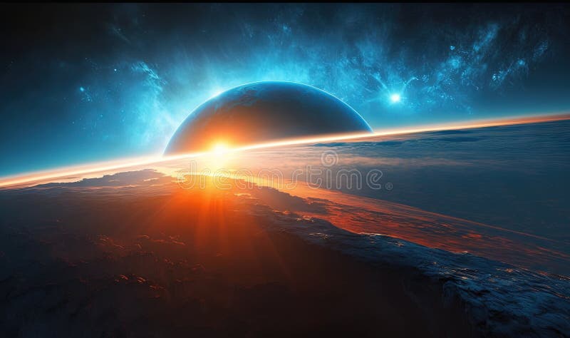 A View of a Planet from Space with the Sun Rising Stock Illustration ...