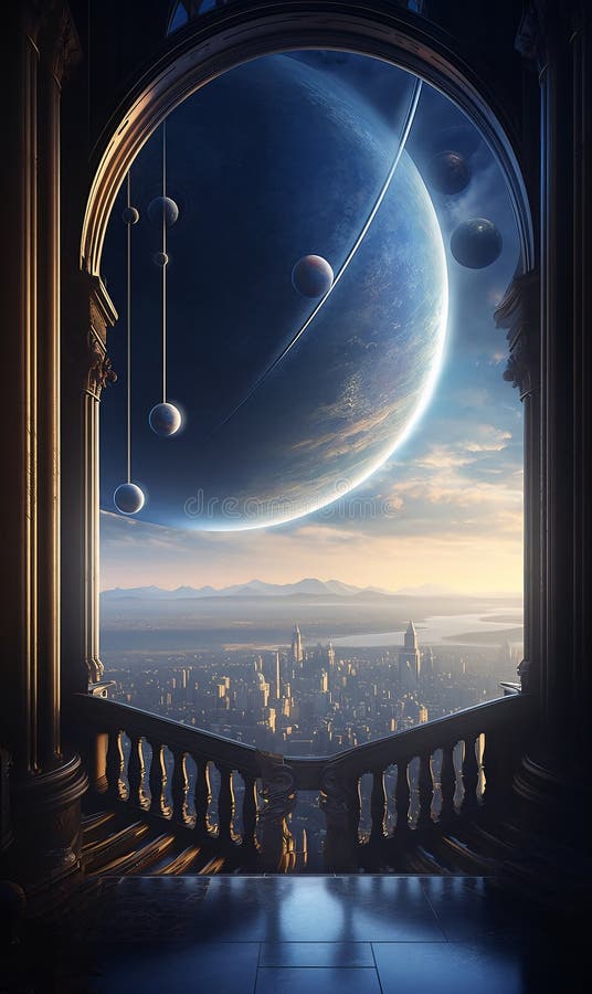 A View of the Planets from a Balcony in Space with Portal To Another ...