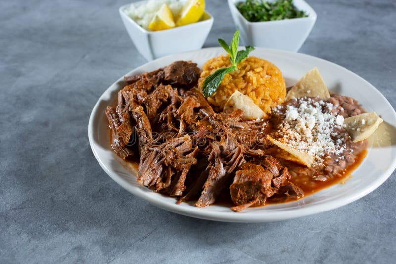 Plate of Birria De Res, Beef Birria Stock Image - Image of rice ...